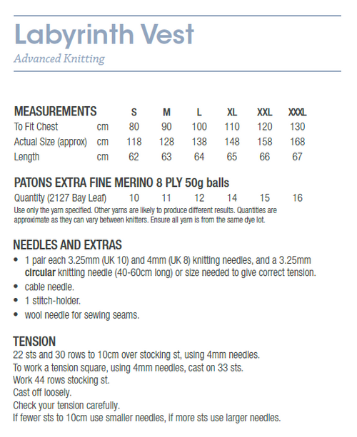Patons Labyrinth Vest Pattern